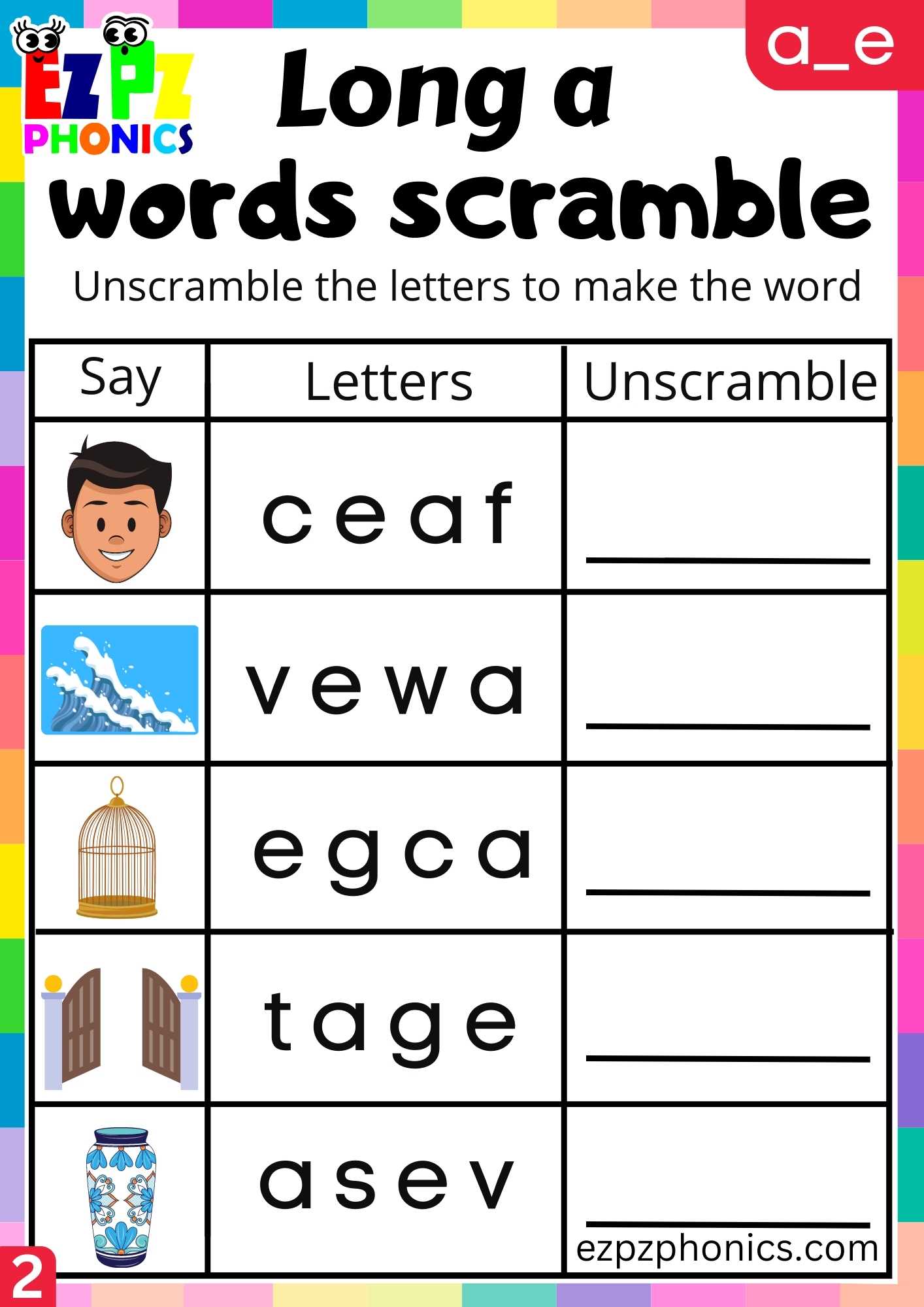 Group2 A_E Words Words Scramble Long A Phonics Worksheet - ezpzphonics.com